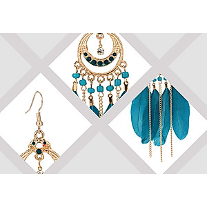 Kinimore 12 Pairs Women Feather Earrings Vintage Bohemian Earrings Long Drop Dangle Earrings Set With Dream Catcher Design Christmas Gift