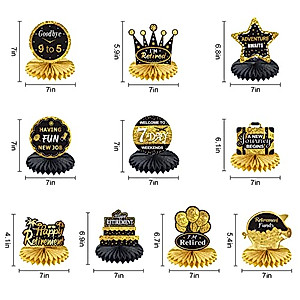 10Pcs Happy Retirement Decorations Table Honeycomb Centerpieces Party Supplies, Black Gold Retirement Adventure Awaits Sign for Women Men, Retired Decor Goodbye Retirement Signs