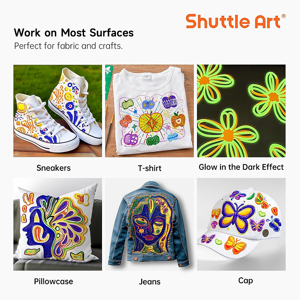 Shuttle Art Fabric Paint Set, 45 Colors 3D Permanent Paint with Brushes Palette Fabric Pen Fabric Sheet Stencils, Glow in The Dark, Glitter,Metallic Colors for Textile Fabric T-Shirt Jeans Glass