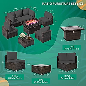 VIVIJASON 8 Pieces Patio Furniture Sectional Sofa Sets with Fire Pit Table, Outdoor PE Wicker Rattan Conversation Sets with 44" Rectangular Propane Gas Fire Pit 50,000 BTU and Grey Cushion