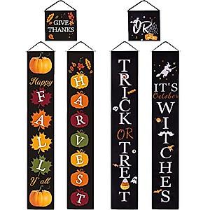 3 Pieces Thanksgiving Reversible Banner Happy Fall Harvest and Halloween Trick or Treat Witches Banner Thanksgiving Halloween Day Porch Sign Hanging Sign for Fall Decorations Outdoor (Black)