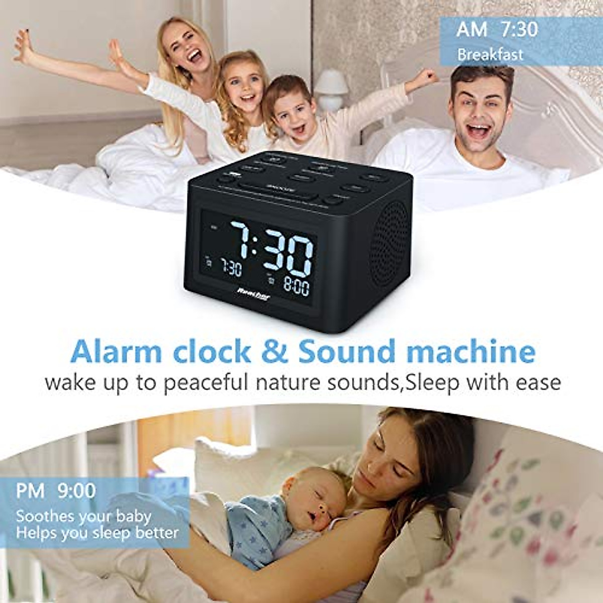 REACHER R3 Dual Alarm Clock and White Noise Machine with Adjustable Volume, 6 Wake Up Sounds, 12 Soothing Sounds for Sleeping, Auto-Off Timer, USB Charger, 0-100% Dimmer for Bedroom