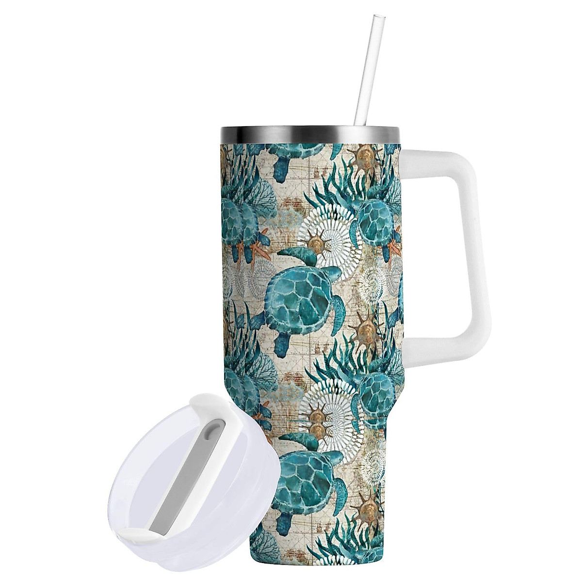40 oz Insulated Coffee Tumbler With Lid and Straw Water Bottle Stainless Steel Tumbler for Men & Women Unique Gift Idea Sea Turtle Pattern 92