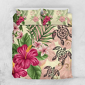 Gearider Pink Tropical Hibiscus Floral Printed Duvet Cover, Mandala Turtle Soft Bedding Set, 3 Pieces, Zipper Closure & 2 Pillow Shams - Size Queen