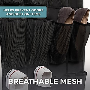 HOME GENIE 24 Pocket Strong Space Saving Over Door Shoe Organizer, Holds Up to 40 Pounds, Stay In Place Hooks Large Breathable Mesh Pocket Hanging Behind Closet Caddy Holder, Cabinet Rack, Black