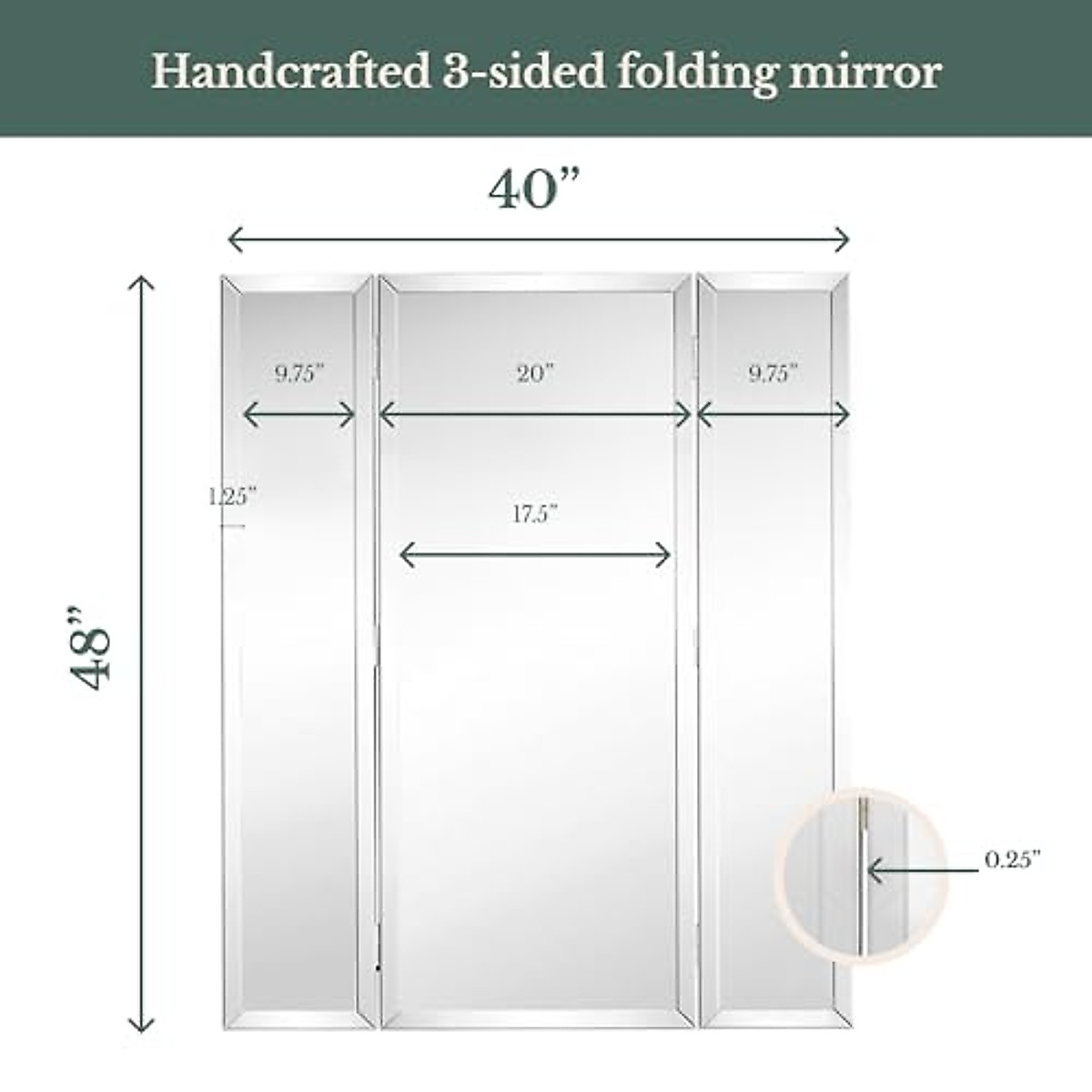 Hamilton Hills 40x40 inch Silver Trifold Mirror | Full Length Beveled Edges 3 Way Mirror Hangable on Wall | Tall Makeup Mirror with Hinges for Folding | Table Top, Dressing & Bathroom Vanity Mirror