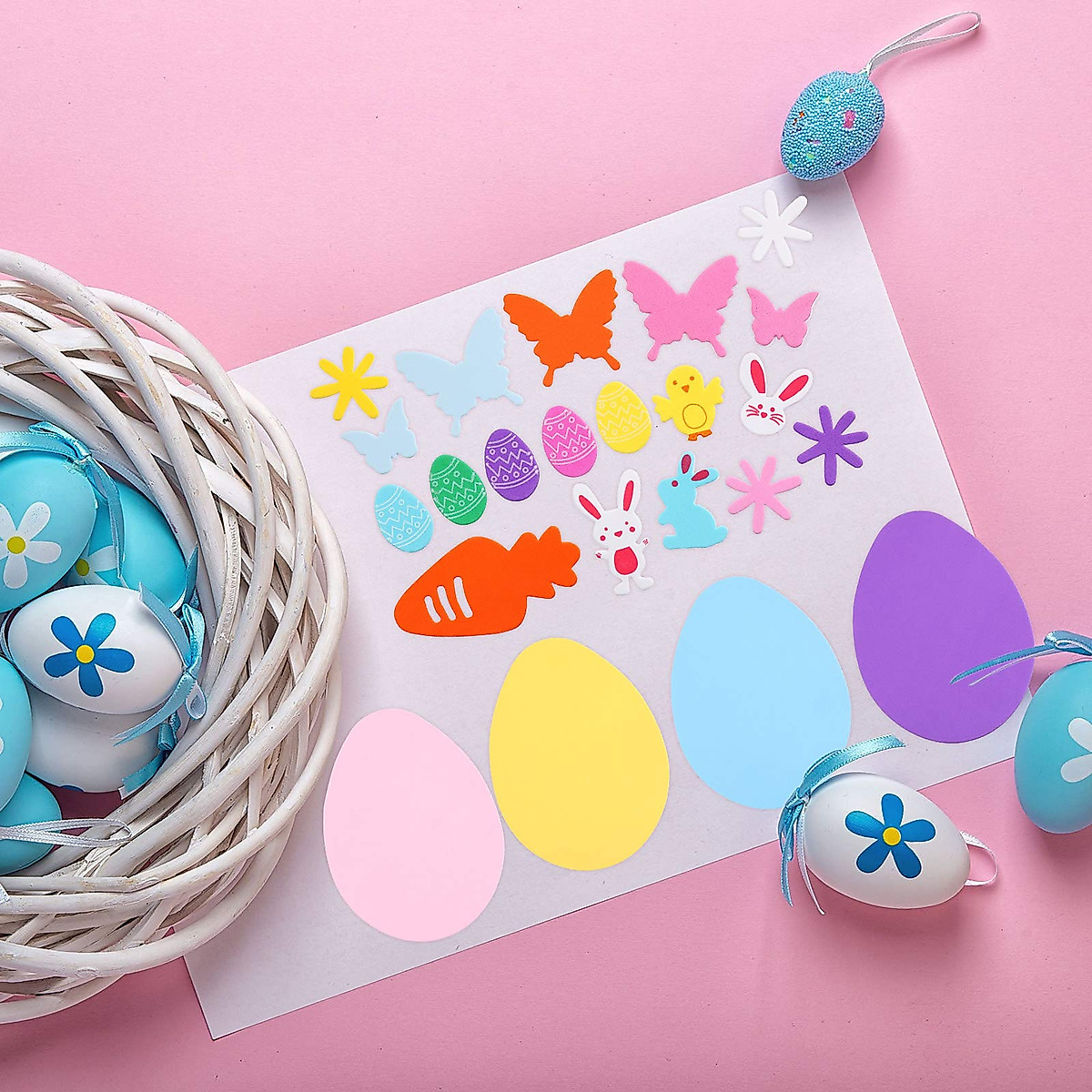 12 Pieces DIY Easter Foam Stickers Self-Adhesive Big Easter Egg Stickers and 300 Pieces Bunnies Chicks Flower Shaped Stickers for Kids Crafts Arts Party Supplies