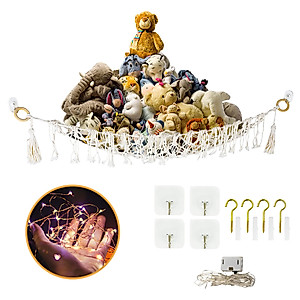 beetoy Stuffed Animal Toy Hammock Large Macrame Toy Storage Hammock with Light for Nursery Room Corner Décor, Toy Net or Hammock Organizer for Holding Stuffed Animals and Children’s Toys