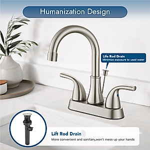 Cinwiny Bathroom Sink Faucet 4 Inch 2 Handle Bathroom Faucet 360° Swivel Spout Deck Mounted Vanity Faucet with Water Supply Hoses,Brushed Gold,with Pop up Drain