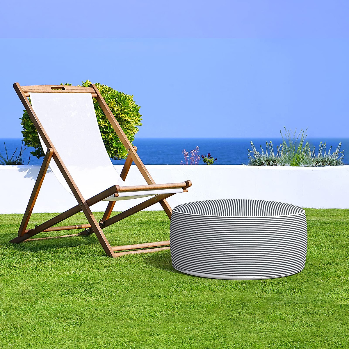 LVTXIII Inflatable Stool Ottoman Footrest with Handle, All Weather Foot Rest, Indoor or Outdoor Use for Home Patio Garden and Camping, D21 x H9, Topanga Stripe Grey