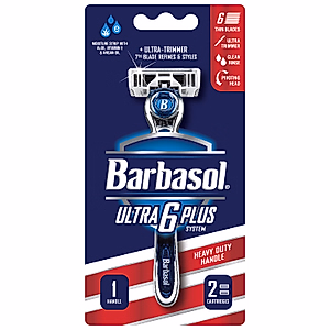 Barbasol Ultra 6 Plus Men's Razor with 2 Razor Blade Refills (1 Handle + 2 Cartridges), Mens Razors/Blades