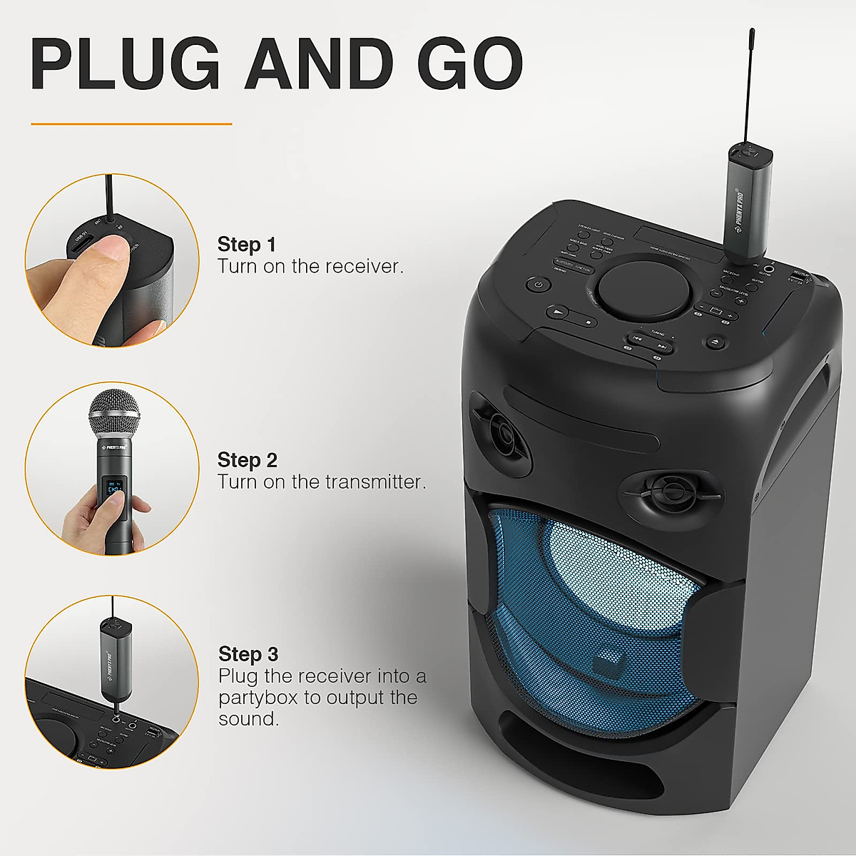 Phenyx Pro Single Digital Wireless Microphone System, w/1 Metal Handheld Dynamic Microphone, Mini Receiver, 15 UHF frequencies, Cordless Microphone for Karaoke, DJ, Singing, Church, Wedding(PDP-1-1H)