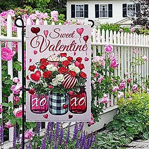 Sweet Valentines Day Garden Flag, hogardeck 12.5x18 Inch Vertical Double Sided XO Mason Jar Flower Yard Flag, Farmhouse Rustic Outdoor Valentines Day Decor