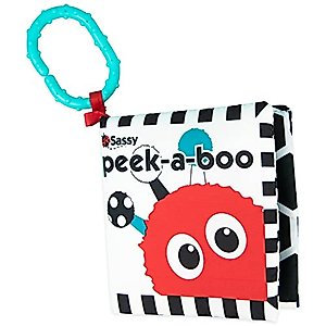 Sassy Peek-a-Boo Activity Book with Attachable Link for On-The-Go Travel | Black & White | for Ages Newborn and Up
