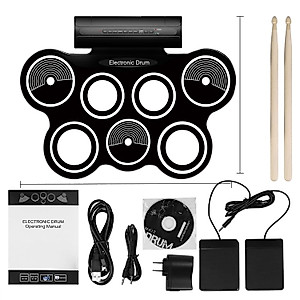 Flexzion Digital Electronic Drum Set, Portable Roll Up Electronic Drum Pad Machine for Kids, Adults, Beginners, Pros, 7 Pads Electric Drum Set with Drum Sticks, Foot Pedals, MIDI and Headphone Jack