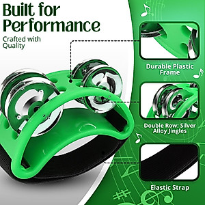Flexzion Foot Tambourine Percussion with Double Row Steel Jingles - Foot Shaker Musical Instrument Drum Party Shoes Gift Singer Vocalists Cajon & Guitar Players (Green)