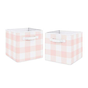 Sweet Jojo Designs Pink Buffalo Plaid Check Foldable Fabric Storage Cube Bins Boxes Organizer Toys Kids Baby Childrens - Set of 2 - Blush and White Shabby Chic Woodland Rustic Country Farmhouse