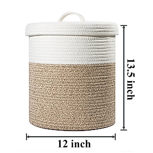 Yimi's Dream Lidded Storage Basket, Medium Cotton Rope Basket with Lid, Small Round Storage Basket for Nursery, Living Room, Kids, Blanket, Toys (12''D * 13.5''H, Brown & White)