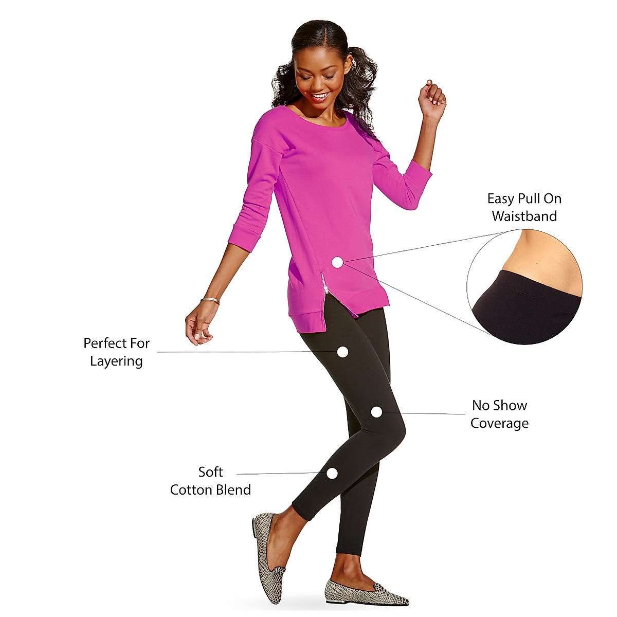 No Nonsense Women's Leggings - Soft Cotton Feel, Comfortable & Perfect for Layering, Gentle Elastic Waistband, Black, 2X