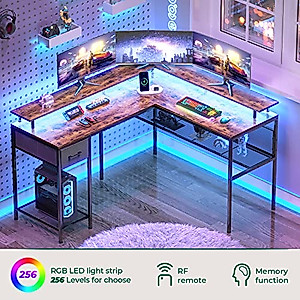 Huuger L Shaped Desk Computer Desk with LED Lights & Power Outlets, Gaming Desk with Storage Shelves, Corner Desk Home Office Desk, Rustic Brown