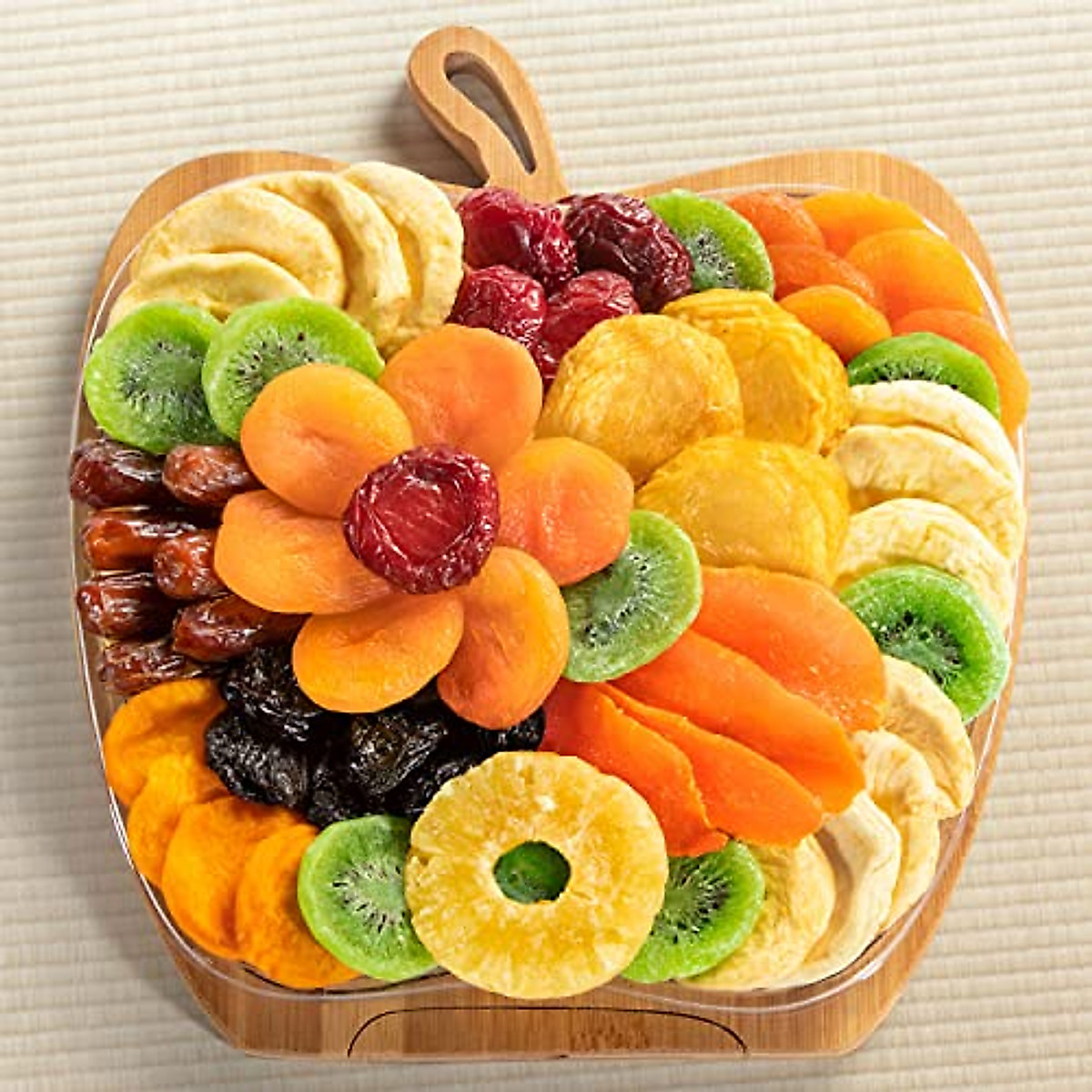 Dried Fruit Favorites on Apple Shape Bamboo Tray, Converts to Bowl for Birthday, Thank You, Corporate Gifts by Blue Bow Gourmet