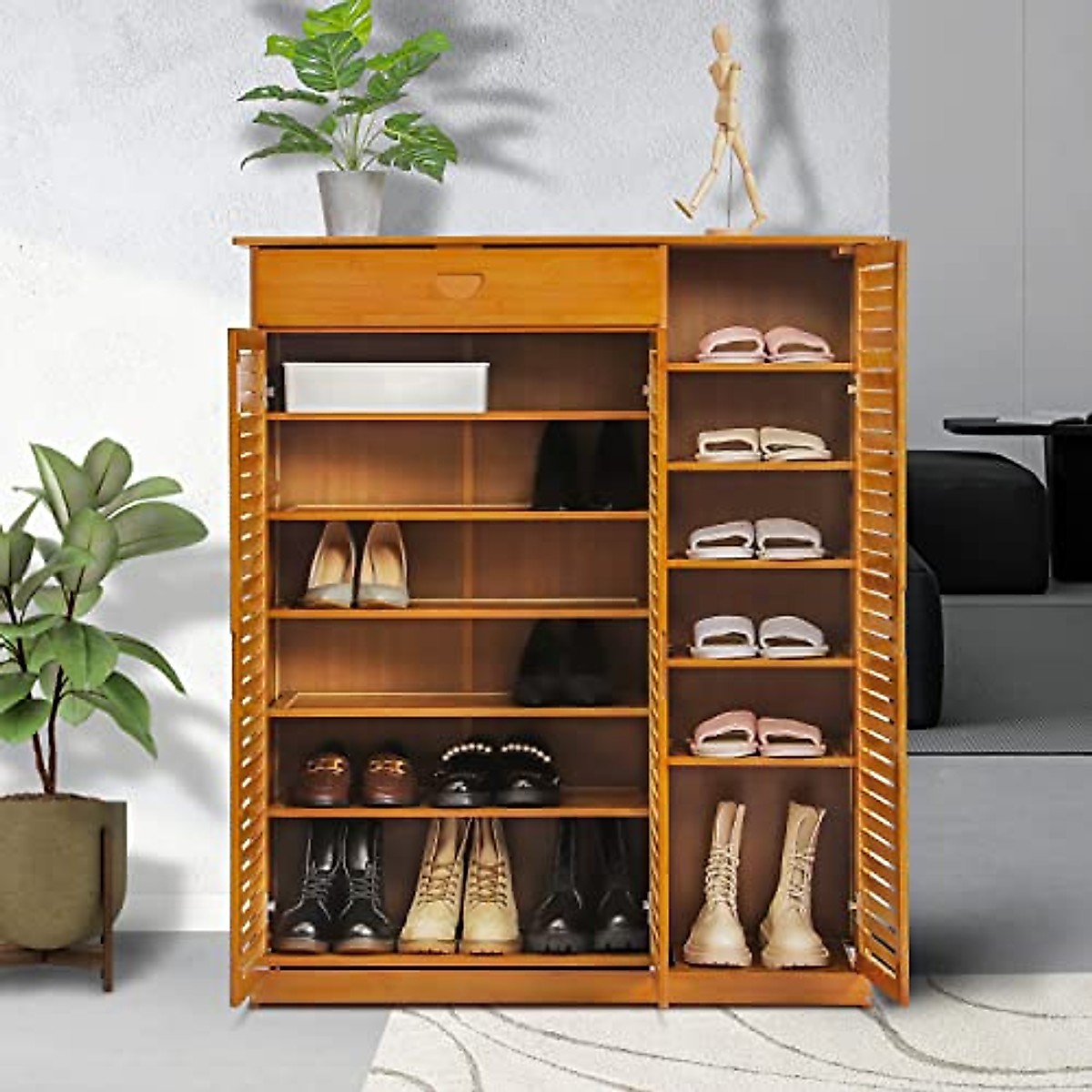 MoNiBloom Bamboo Multi-Tier Shoe Storage Cabinet with 1 Drawer & Shutter Door Shoes Organizer Rack for 21-25 Pairs Entryway Hallway, Brown