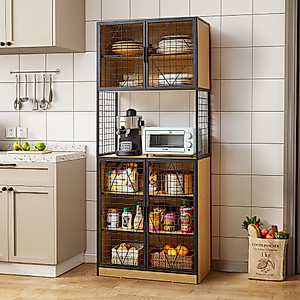 VECELO 72in Tall Kitchen Pantry Cabinet with Doors and Shelves, Large Freestanding Storage Cupboard with Countertop Hutch for, Oak
