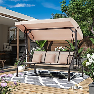 HOMREST Outdoor Porch Swing with Adjustable Canopy, Backrest, 3-Person Patio Canopy Swing Textilene Bed with Side Cup Holder, Pillow for Garden, Deck, Back Yard, Lawn (Khaki)