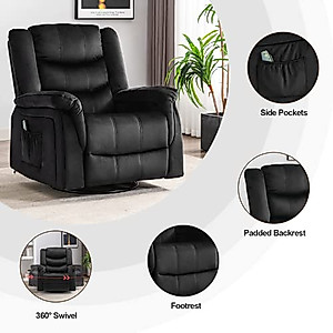 KALEVILL Recliner Chair with Heat and Massage, Recline Chair 360° Swivel Rocker Rocking Recliner, Overstuffed Home Theater Seating with 4 Side Pockets Black
