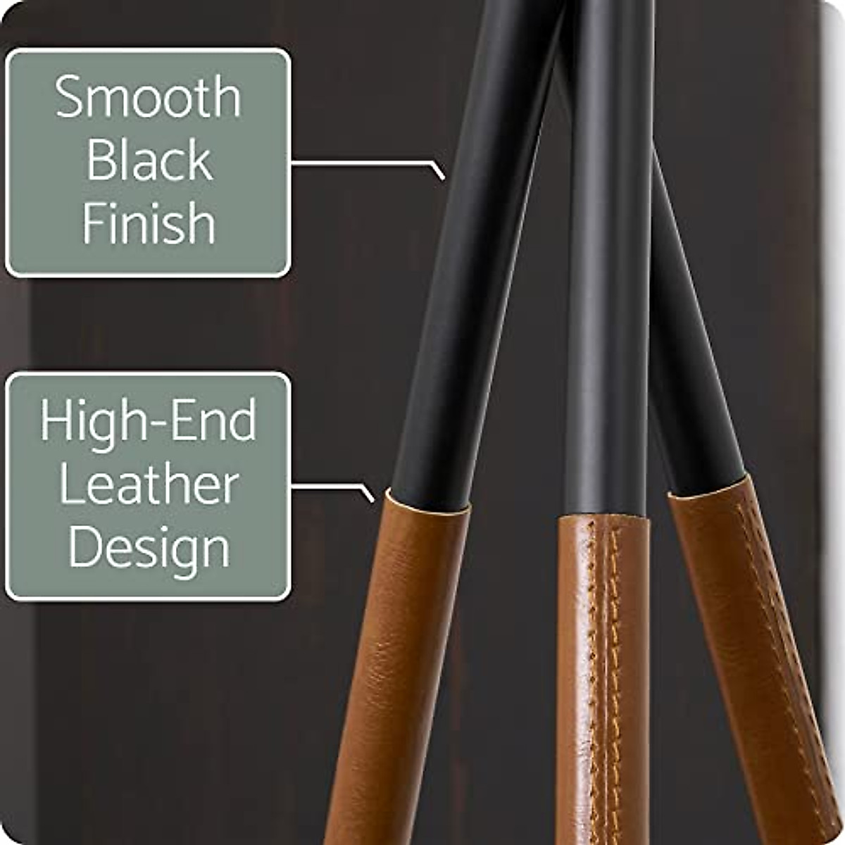 Kira Home Sadie 61" Mid Century Modern Tripod LED Floor Lamp + 9W Bulb (Energy Efficient/Eco-Friendly), Leather Accent Legs, Black Drum Shade, Black Finish