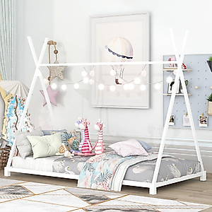 Twin Floor Bed with Slats and Triangle Structure, Montessori Floor Bed Frame Twin Size, Twin Size House Floor Bed/Montessori Bed for Kids, Girls, Boys, White