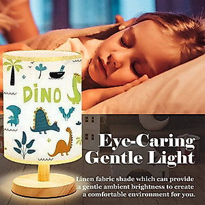 IEINTABRWNER Boho Bedside Table lamp Dinosaur Cute Kids colllection Set Little Cute Dinos Baby Dino Solid Wooden Base Flaxen Fabric Shade Nightstand Lamps for Bedroom Boy's Room Desk Light 5.5x11in