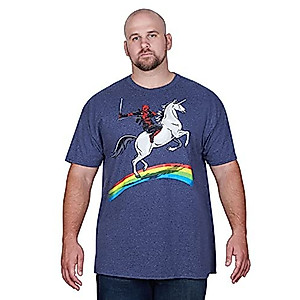 Marvel Men's Deadpool Riding A Unicorn On A Rainbow T-Shirt, Navy Heather, 3X-Large