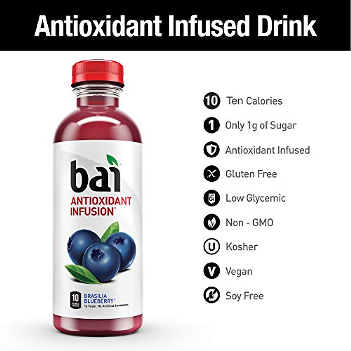 Bai Flavored Water, Brasilia Blueberry, Antioxidant Infused Drinks, 18 Fluid Ounce Bottles, 12 Count