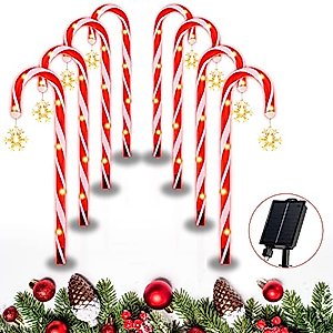 Christmas Candy Cane Solar Lights with SnowflakesCandy Cane Lights Set of 8,Red and White Yard Lights for Holiday Xmas Indoor Courtyard Patio Garden Walkway