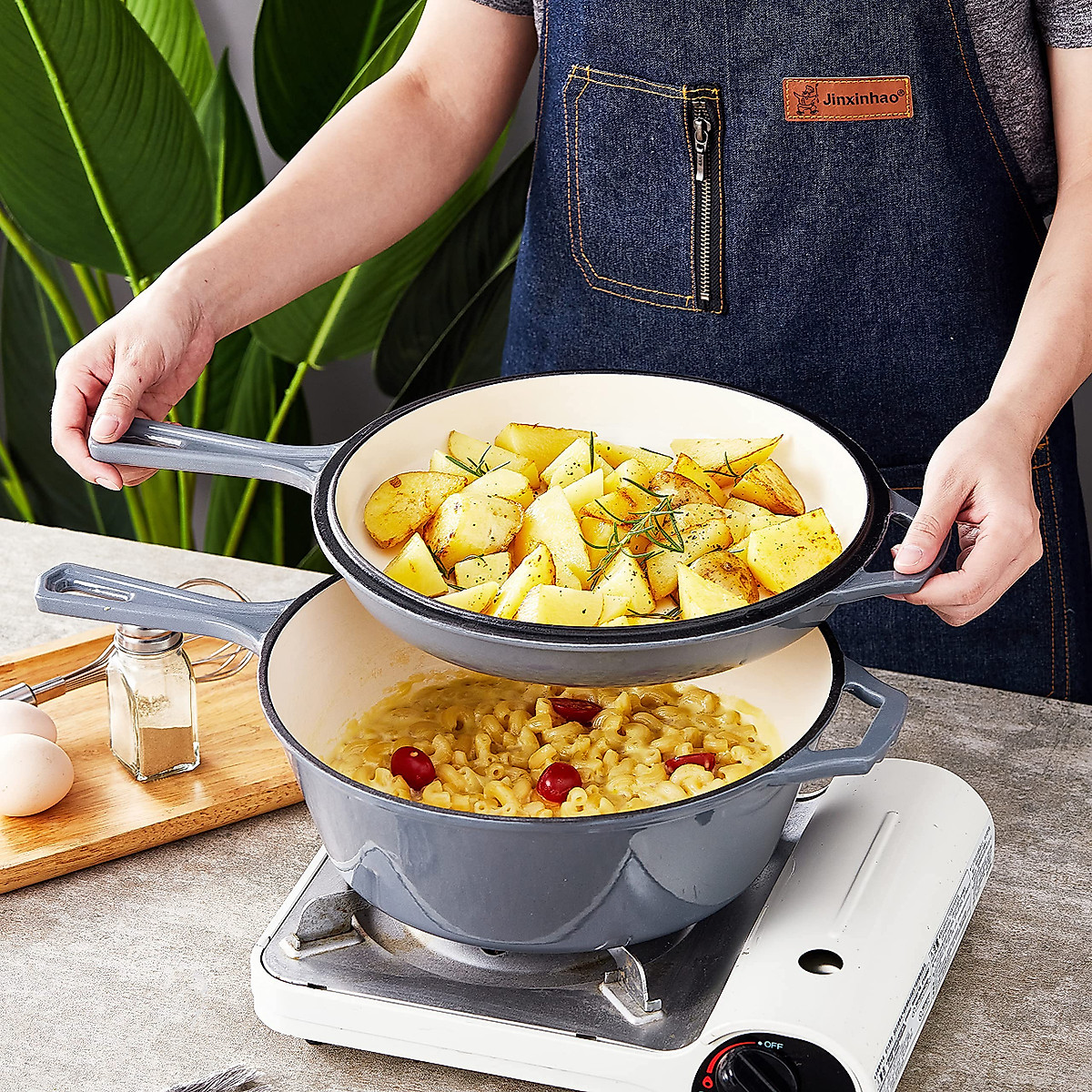 Bruntmor 2-in-1, 5 Quart Enamel Cast Iron Dutch Oven With Handle, 5 Qt Grey Cast Iron Skillet, Enamel All-in-One Cookware Braising Pan For Casserole Dish, Crock Pot Covered With Cast Iron