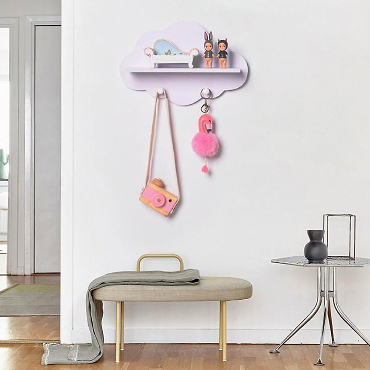 LABRIMP Multifunctional Storage Rack Storage Shelf Rack Porch Organizer Rack Cloud Shape Shelf Entryway Floating Shelves Coat Wall Rack Shelves Coat Hooks White Nordic Hanger Wpc