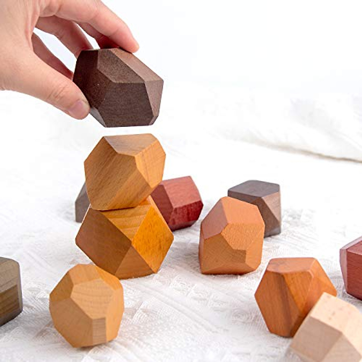 Gupgi Wooden Building Blocks Set Lightweight Natural Balancing Blocks Colored Wooden Stones Stacking Game Rock Blocks Educational Puzzle Toy (12pcs, More Large)