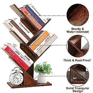 HXXUYY 4 Tier Tree Bookshelf Free Standing Bookcase Rust Brown Storage Book Self for Books,Albums,CDs,Magazines, Wooden Morden Book Storage Rack Display for Office/Livingroom/Bedroom