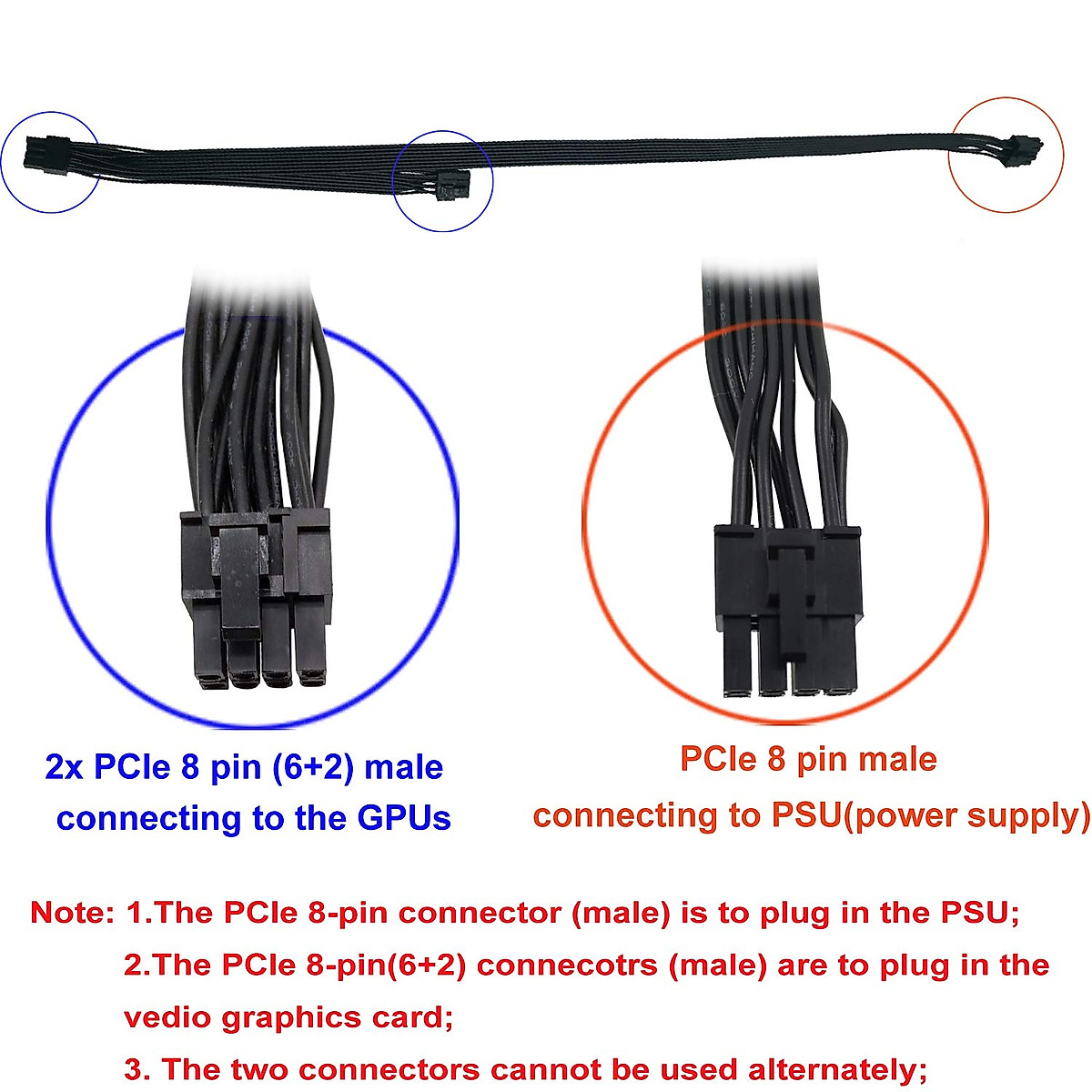 COMeap PCIe Cable for Seasonic PSUs, PCIe 8 Pin Male to Dual PCIe 8 Pin (6+2) Male Power Adapter Splitter 25-inch+9-inch (63cm+23cm)