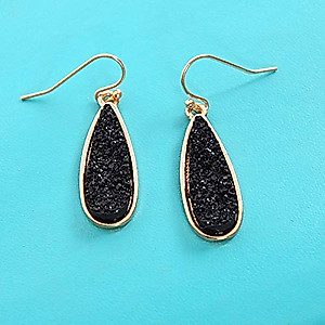 Humble Chic Simulated Druzy Drop Dangles - Sparkly Long Teardrop Dangly Earrings for Women, Gold - Black Stone