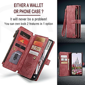 SLLMYYX Wallet Case Compatible with Samsung Galaxy S9 Plus, Luxury PU Leather Handbag Zipper Pocket Case 10 Card Slots and Wrist Strap (Red)