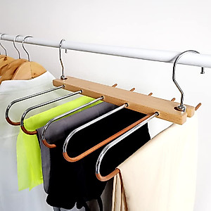 Beech Wooden Pants Hangers Space Saver - Trouser Hanger, Space-Saving Multiple 5-in-1 Stainless Steel Extendible, Foldable Multi Magic Wardrobe Clothes Hanger Holder, Standard