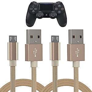 TALK WORKS PlayStation 4 Charging Cable - 6' Nylon Braided Micro USB Charger Cord, Heavy Duty Fast Charge for PS4 (Gold, Pack of 2) (14092)