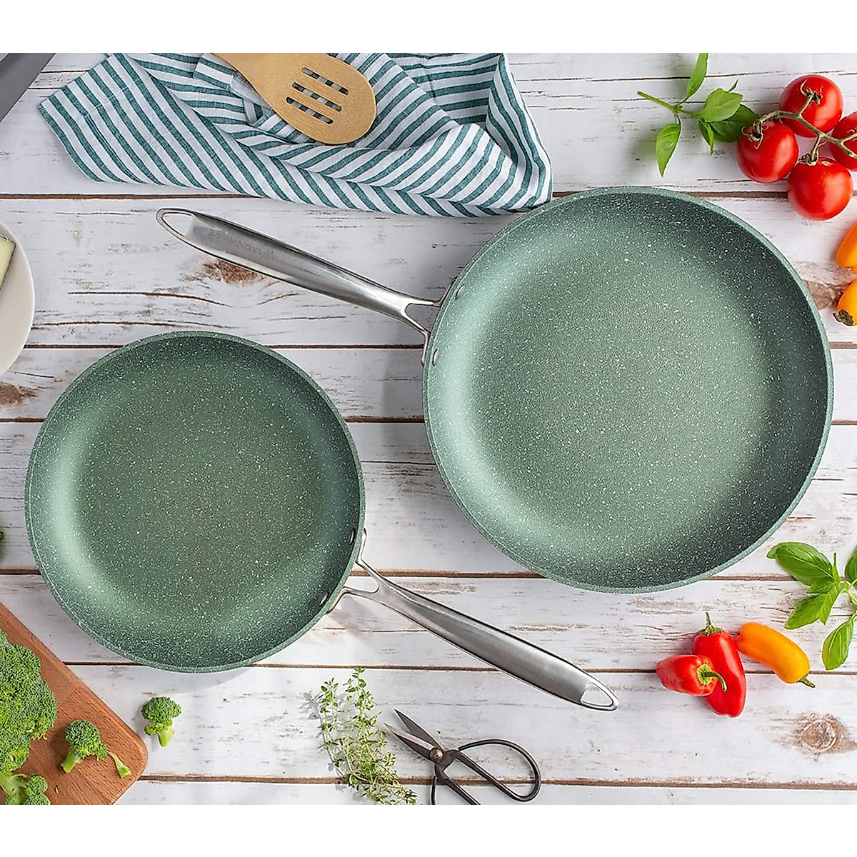 WaxonWare Induction Nonstick Frying Pan Set PFOA Free, Green, 9.5 & 11 Inch Non Stick Skillets, Metal Utensil Safe Emerald Series