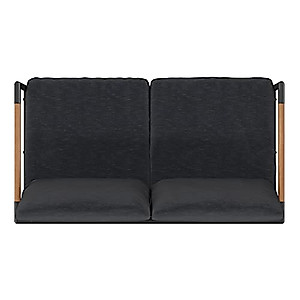 Flash Furniture Lea Indoor/Outdoor Loveseat with Cushions-Modern Aluminum Framed Loveseat with Teak Accent Arms, Black with Charcoal Cushions