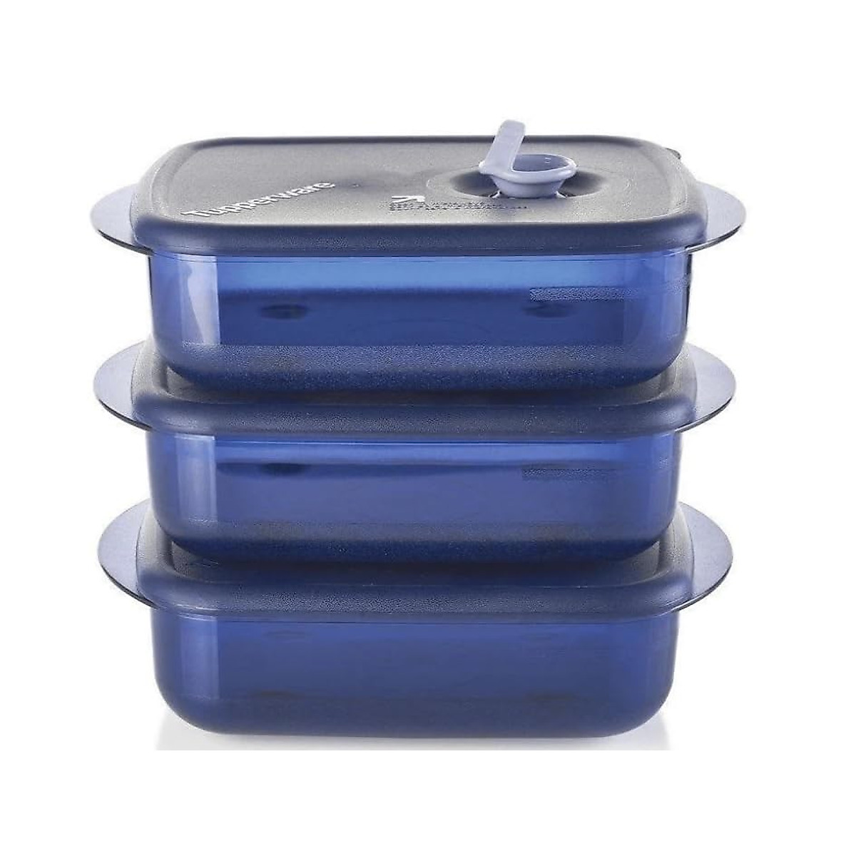 Tupperware Vent N Serve Container Set of 3 Medium Shallow in Indigo Blue