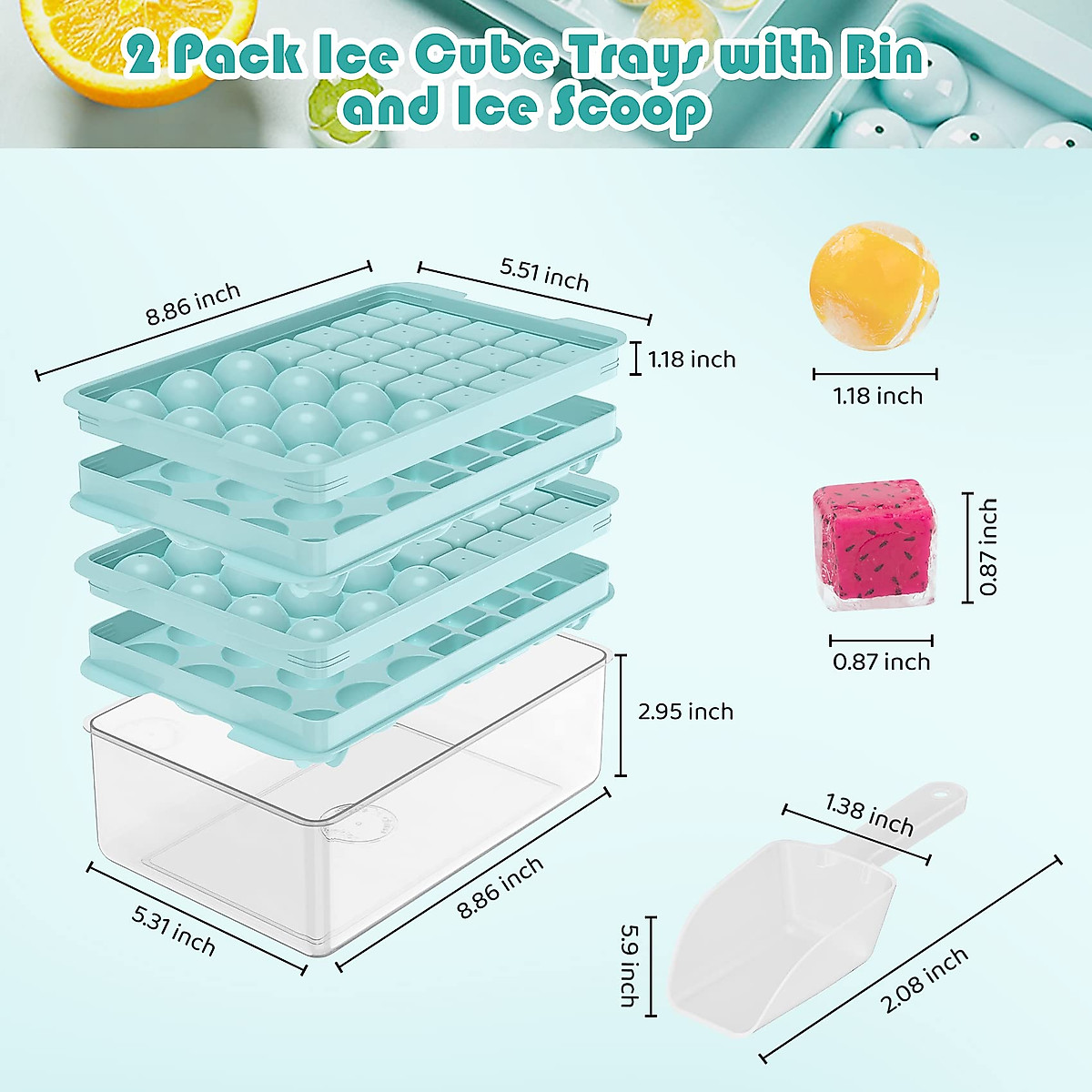 Korlon Ice Trays for Freezer with Lid and Bin, 64 PCS Ice Cube Trays, Round Ice Cube Molds & Square Container for Making Cocktail Whiskey Tea & Coffee