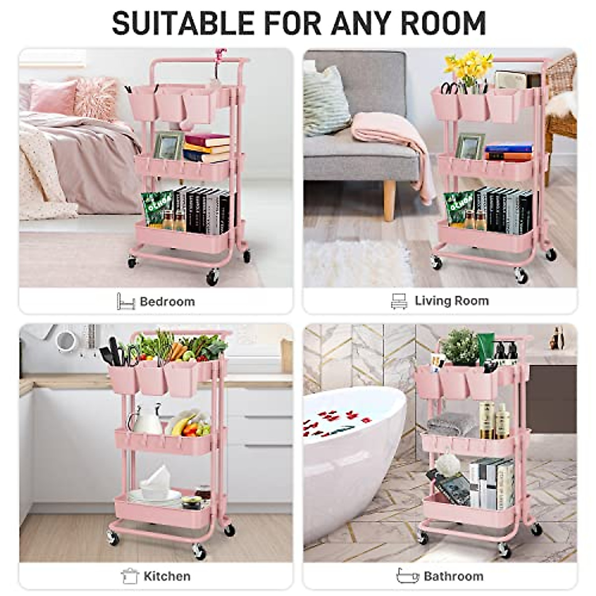 LEZIOA 5 Pack Hanging Cup Holders, Multipurpose Rolling Cart Accessories Utility Cart Accessories For Art & Craft Supplies, Space Saving Hanging Storage Basket Pencil Holder Makeup Organizers (Pink)