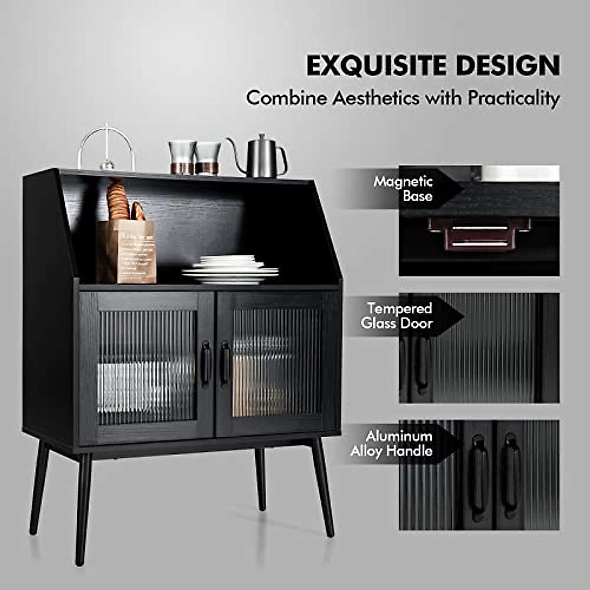 PETSITE Sideboard Buffet Storage Cabinet, Kitchen Accent Console Table with Open Shelf & Tempered Glass Door for Dining Room Hallway, Black